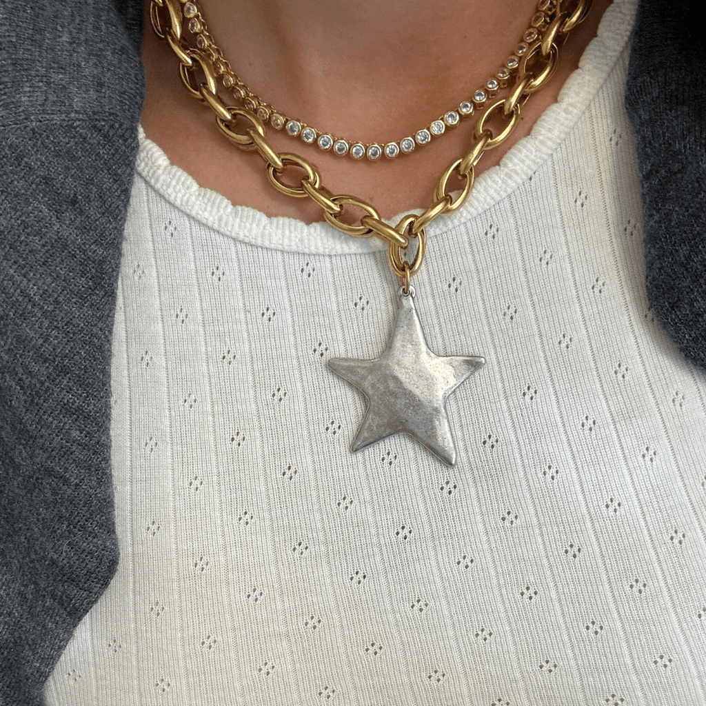 Star Shine Two Tone Necklace – Silver & Gold Star Pendant – BRACHA